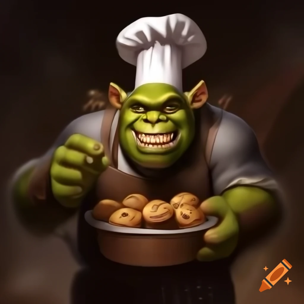 Bearded orc chef with tall hat and basket of freshly baked muffins on ...