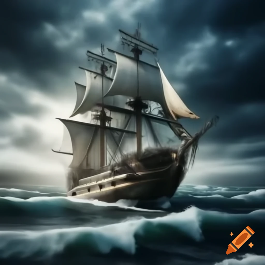 Weathered Spanish galleon sailing toward unknown shores under stormy sky on Craiyon