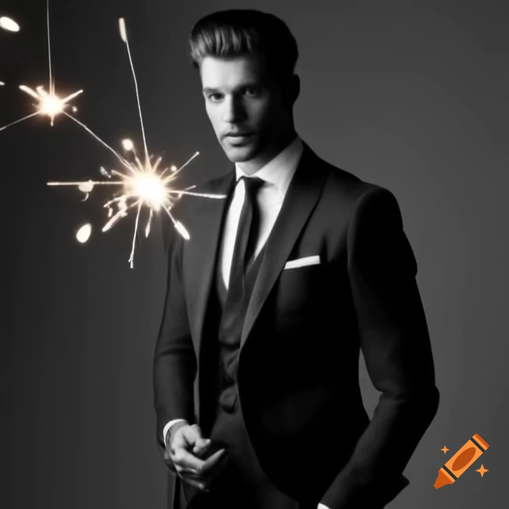 Stylish figure in business suit with sparkler in professional studio ...