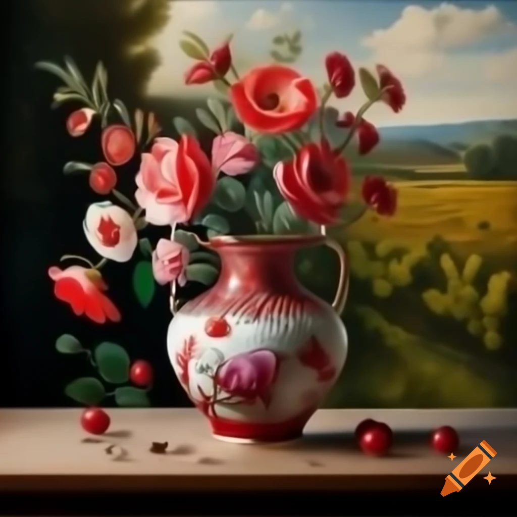 Hyper realistic still life of meissen porcelain vase with red floral ...