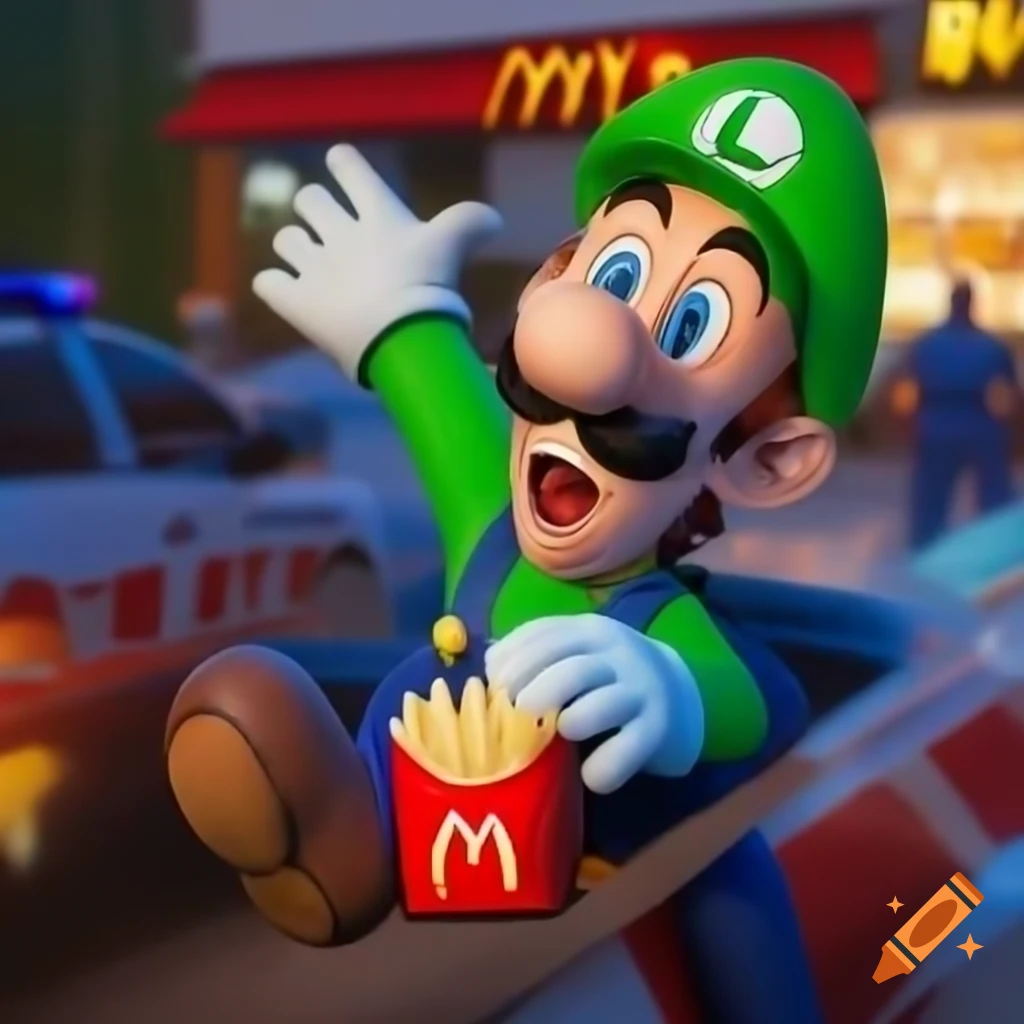 Luigi being apprehended by police while eating McDonald's on Craiyon