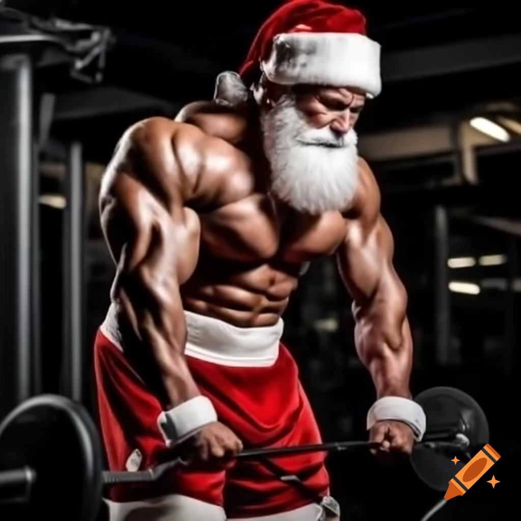 Fit Santa Claus exercising in gym showcasing muscular physique on Craiyon