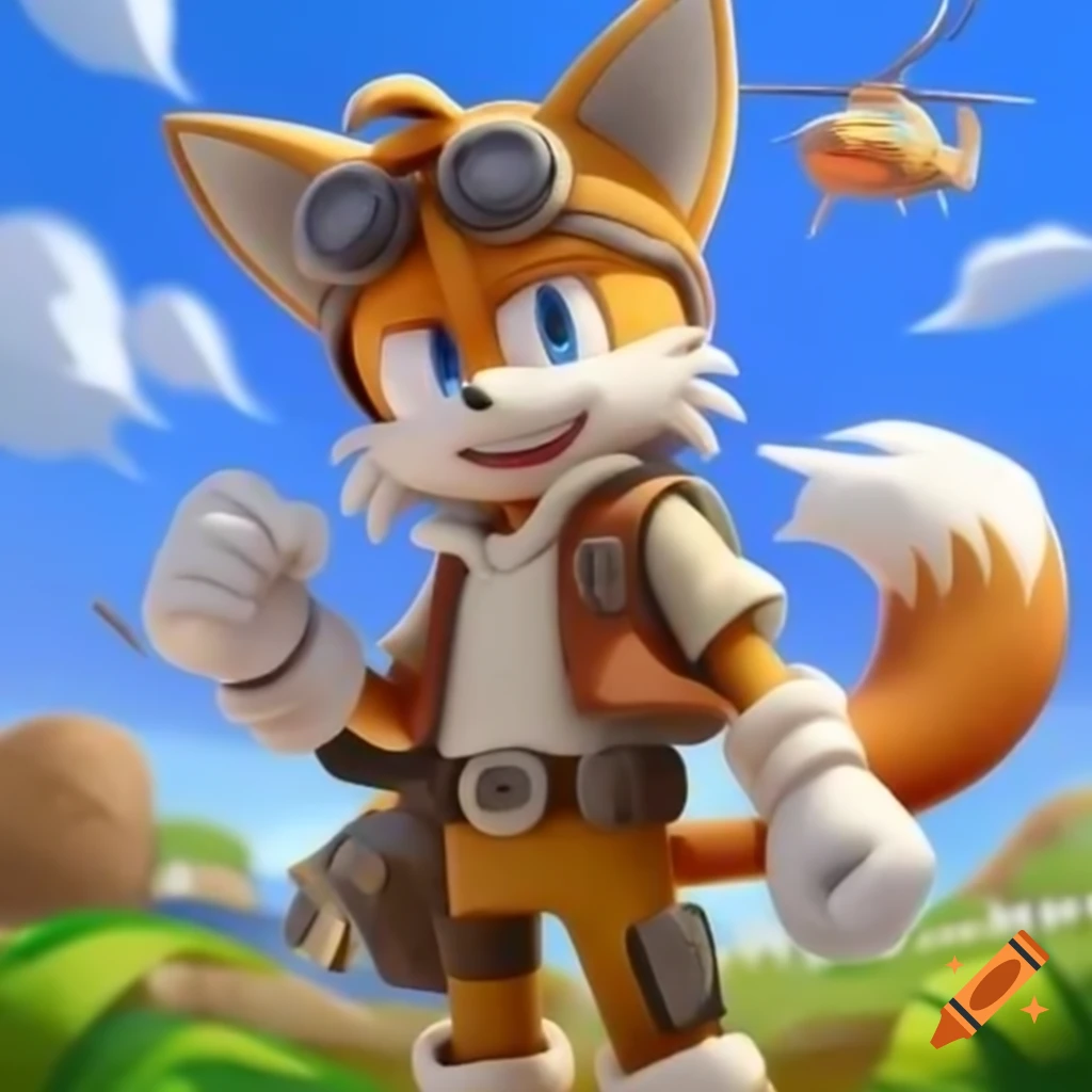 Tails from Sonic flying in aviator gear against sunny sky on Craiyon