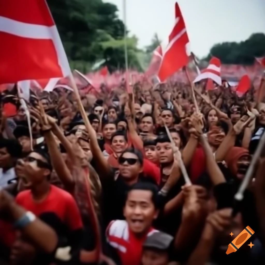Crowd waving red flags in Georgetown, Malaysia, with swords and ...