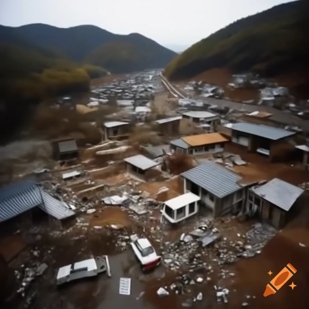 Hyperrealistic depiction of earthquake-destroyed village in japan with ...