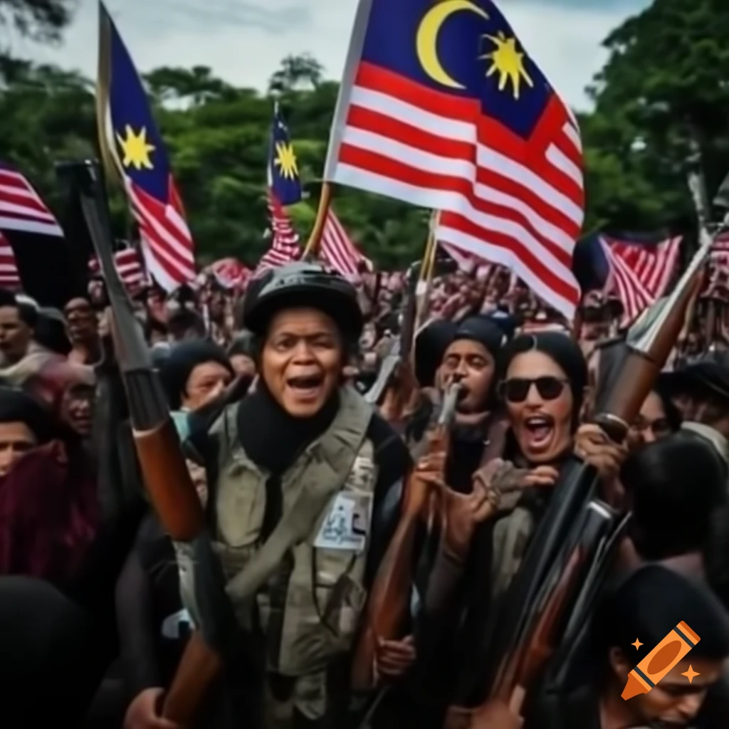 Large crowd in Ipoh, Perak, holding Malaysian flags with rifles and ...