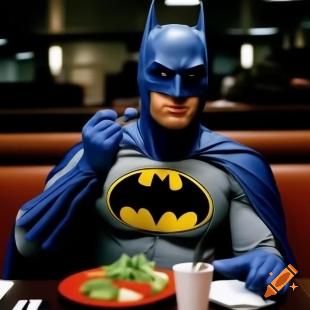 Photorealistic Batman eating salad in McDonald's, humorous scene on Craiyon