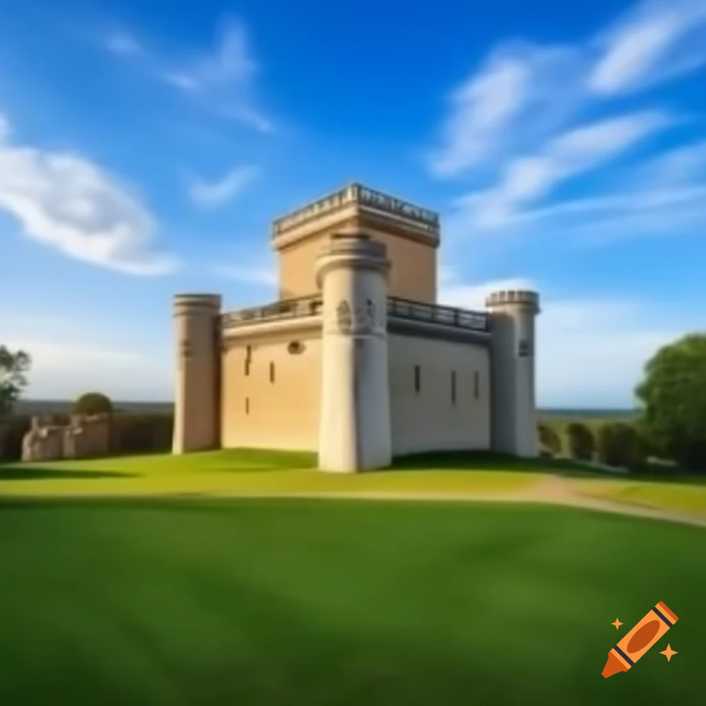 Square tower of a medieval stone castle with blue sky and green grass ...