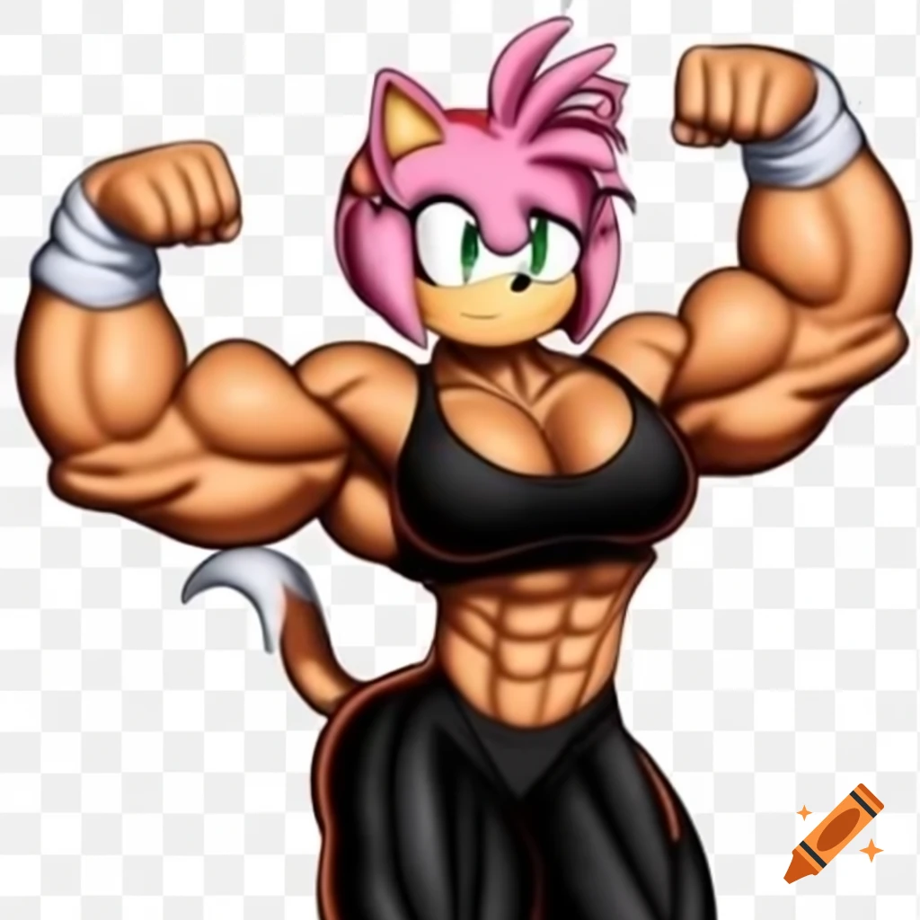 Amy Rose flexing muscles in black leggings and top, inspired by Sonic the Hedgehog on Craiyon