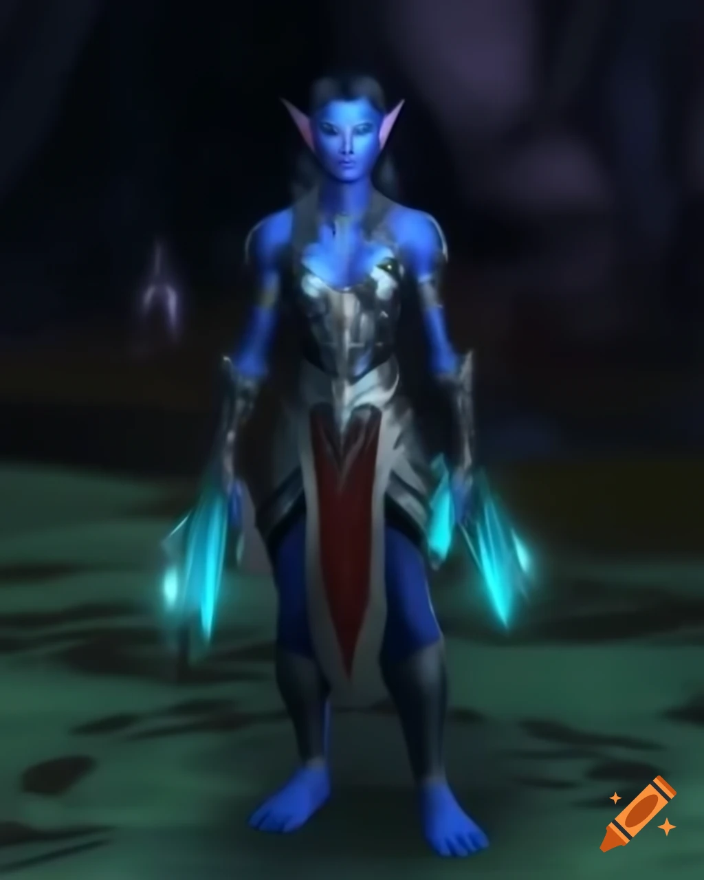 Tall slender female elf psionic warrior with cobalt blue skin and glowing turquoise eyes on Craiyon