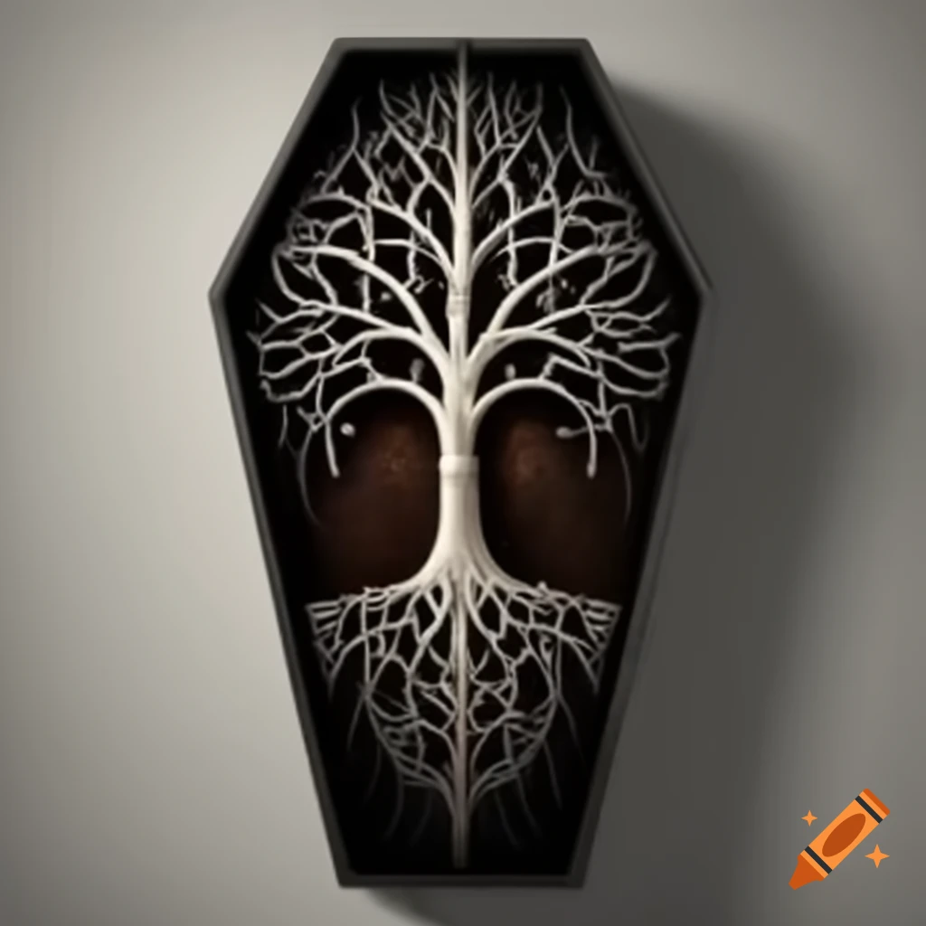 Decorative coffin featuring gothic tree of life design on Craiyon