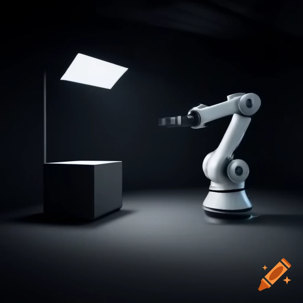 Sleek industrial robot in dark photo booth with stage light on Craiyon