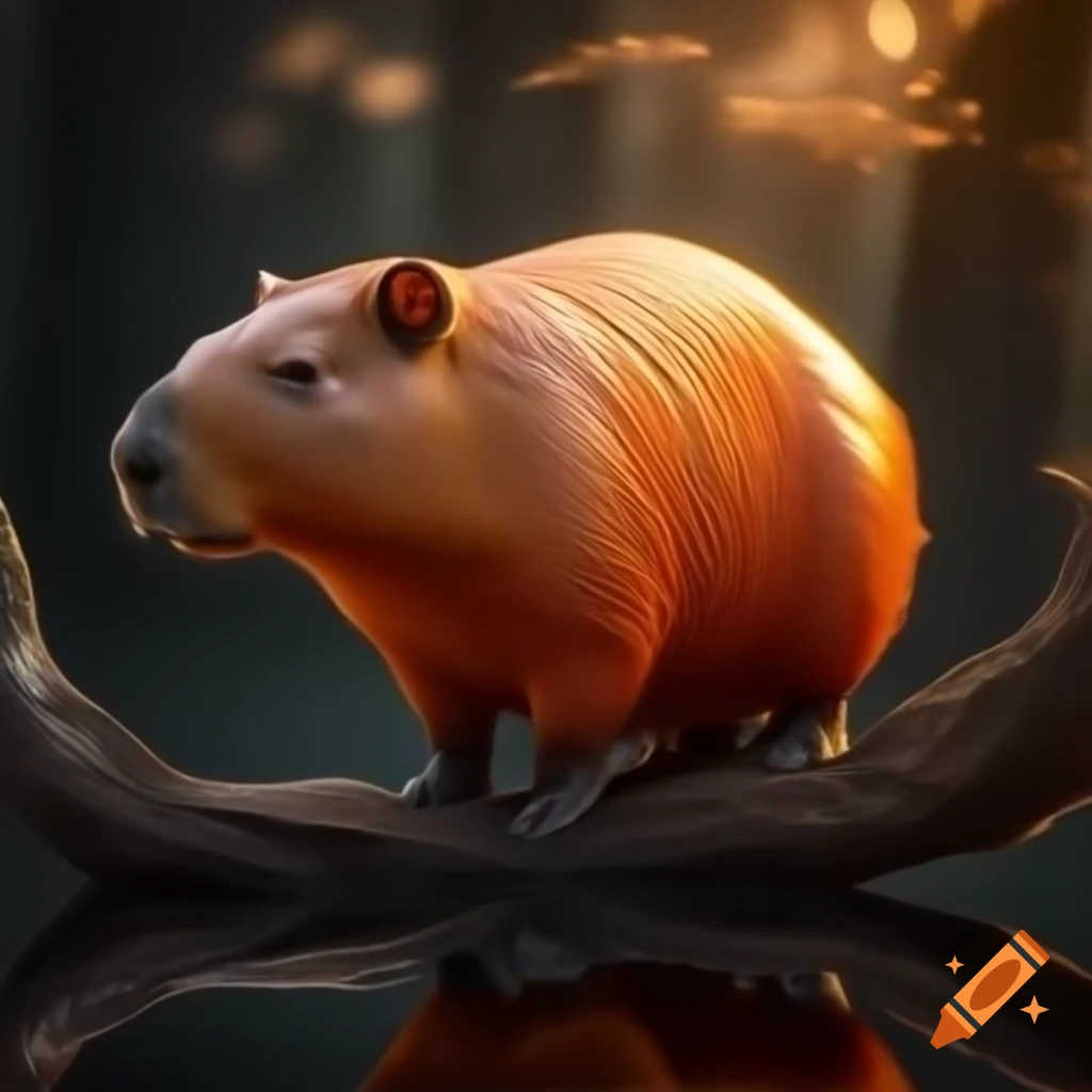 Majestic capybara emerging from ancient tree illuminated by ukiyo-e ...