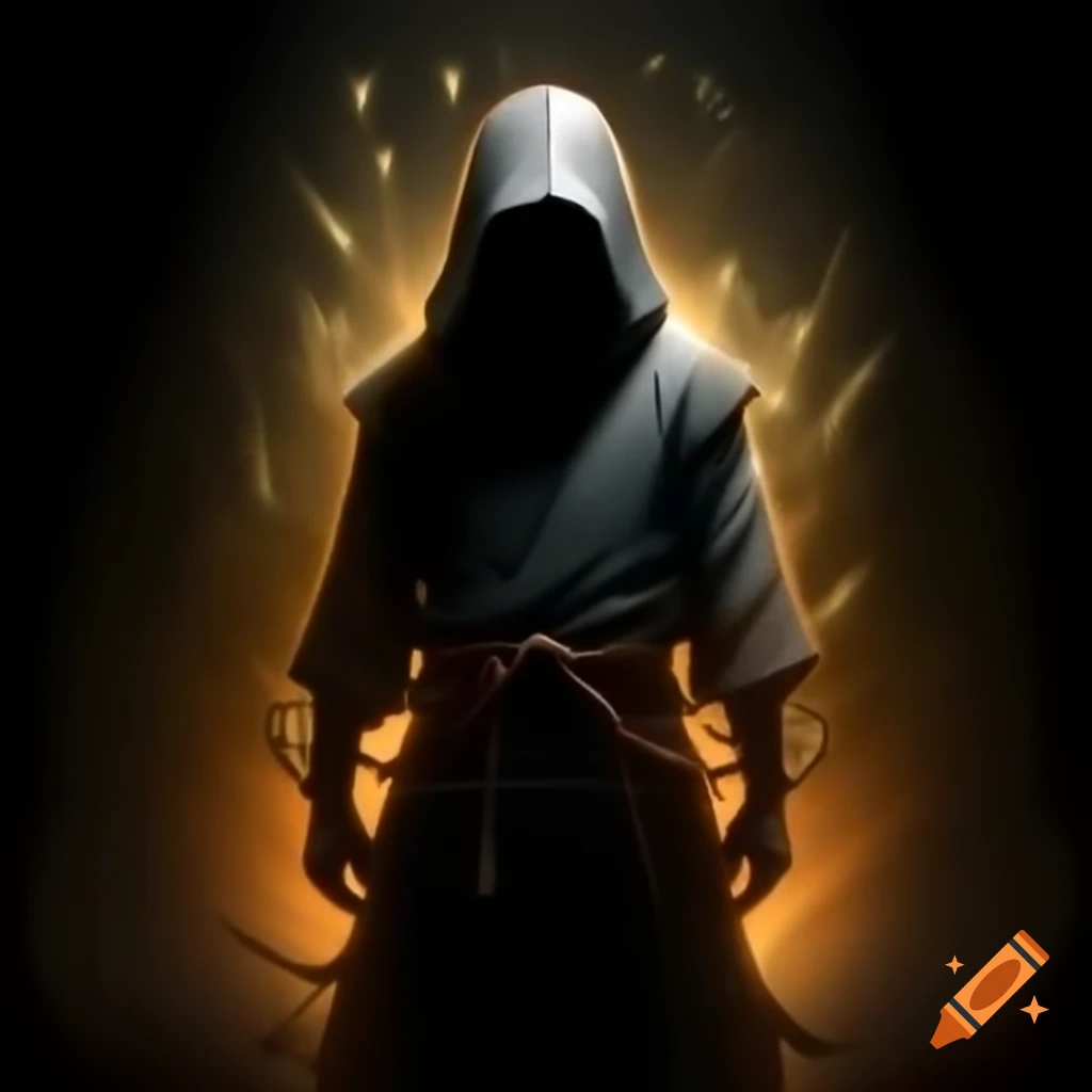 Ninja cloaked in shadow with shimmering golden light wrapping around on ...