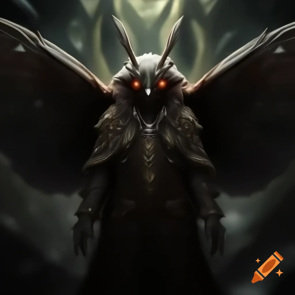 Detailed depiction of Mothman with crimson eyes and large black wings ...