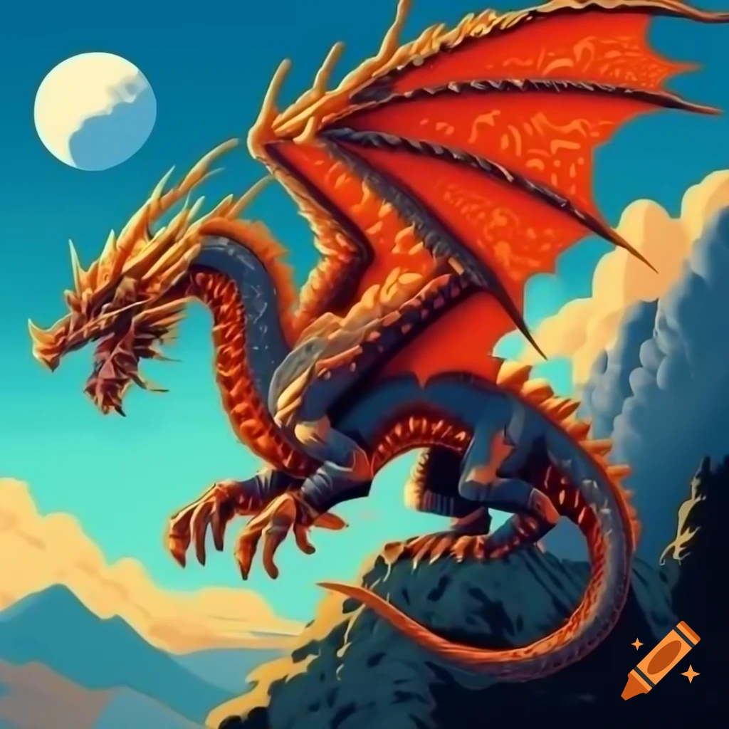 16-bit pixel art dragon looping around pixelated mountain peak on Craiyon