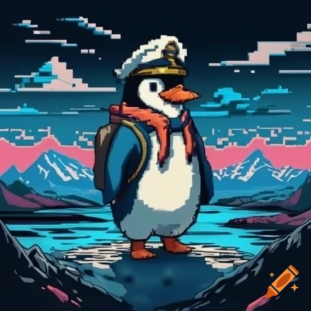 Pixelated penguin captain with monocle in surreal landscape on Craiyon