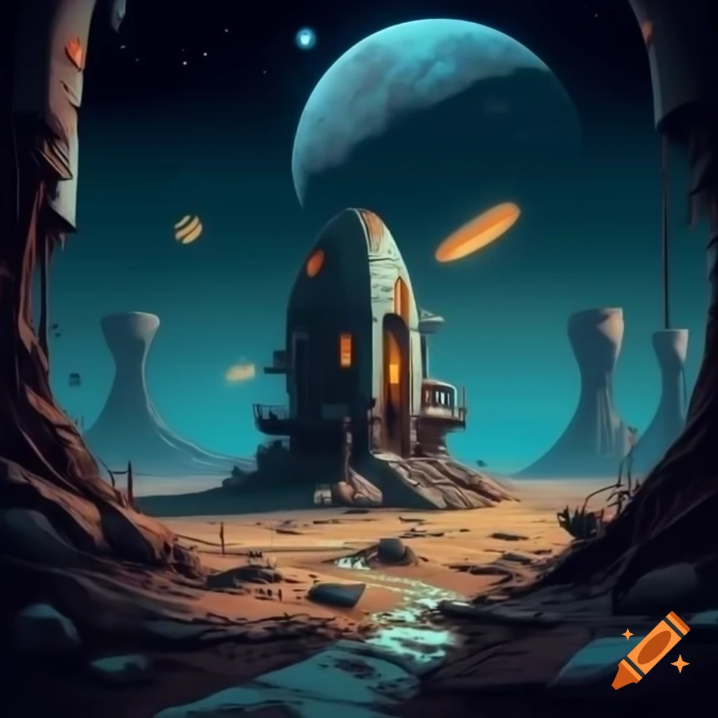 Alien outpost on desolate planet illuminated by twin suns, surrounded ...
