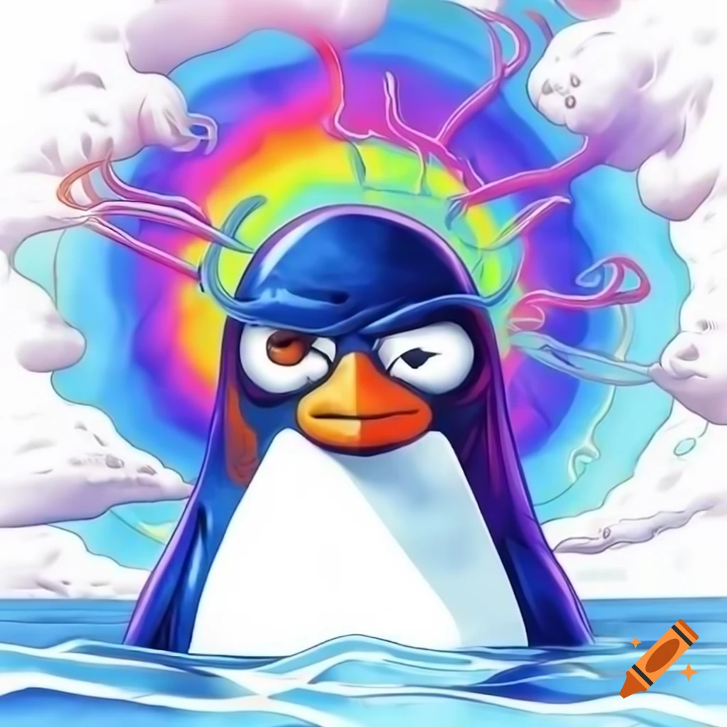 Psychedelic moebius-inspired logo of angry penguin sea captain with ...