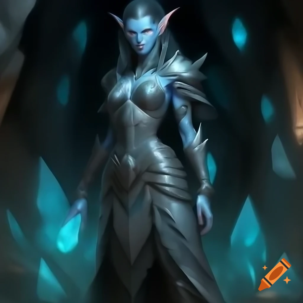 Tall female elf psionic warrior with cobalt blue skin and glowing turquoise eyes on Craiyon