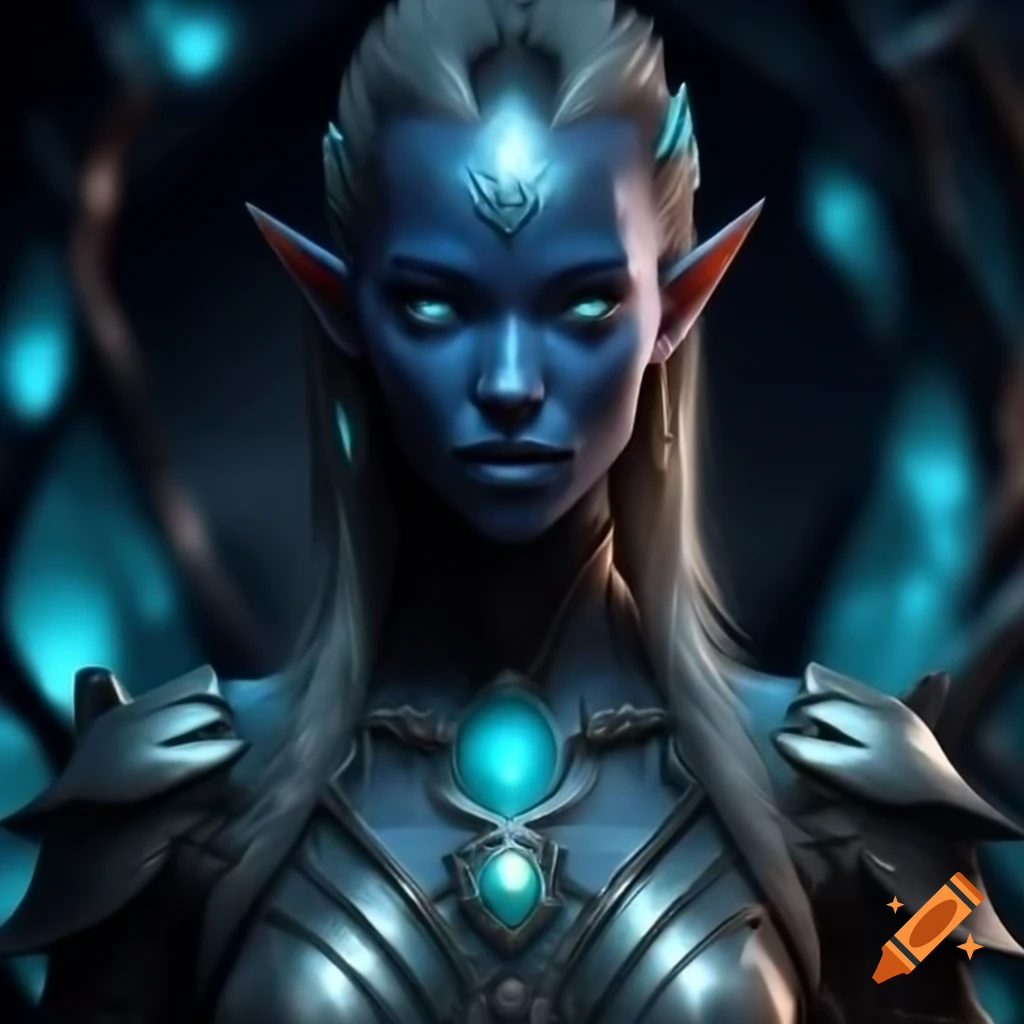 Tall female elf psionic warrior with cobalt blue skin and glowing turquoise eyes on Craiyon