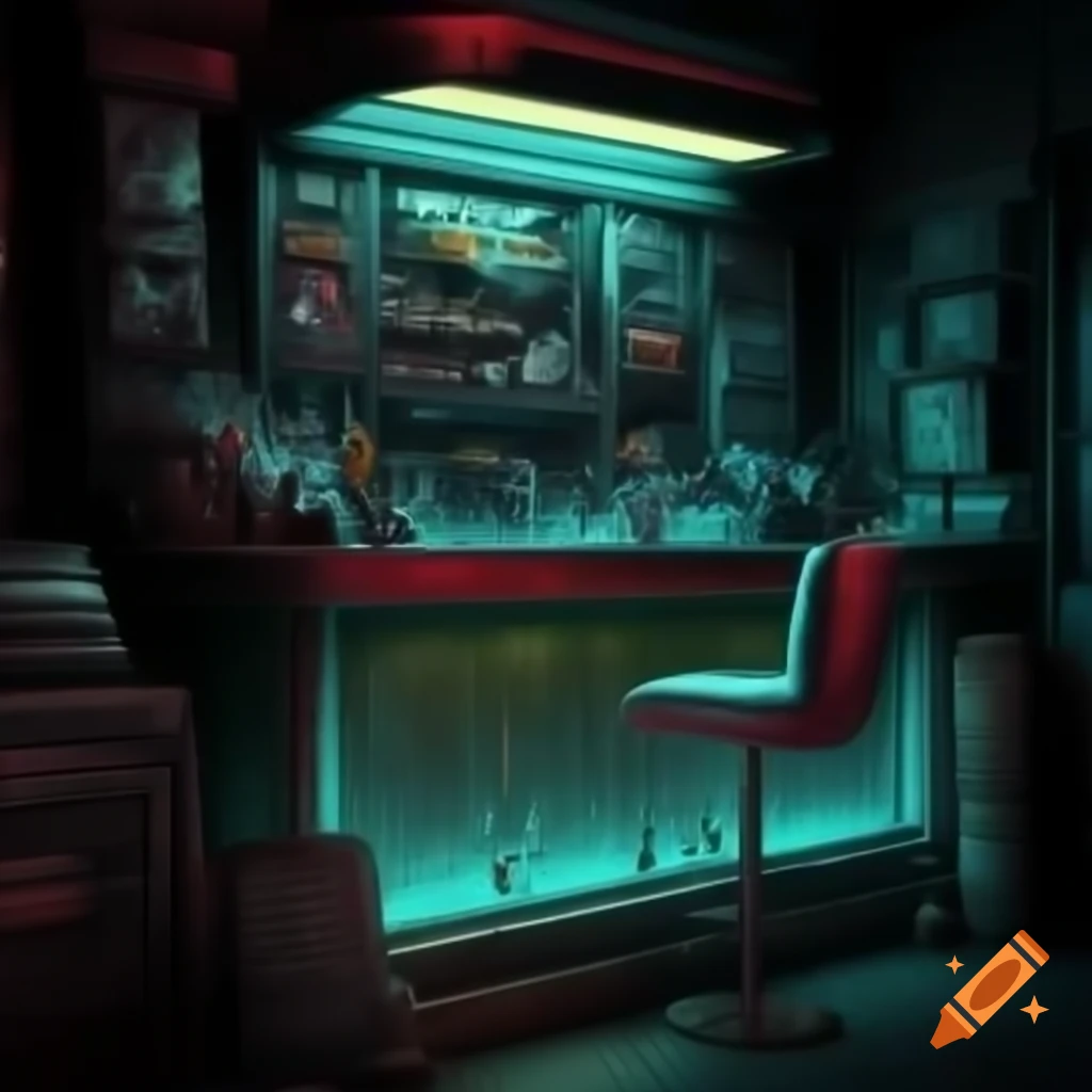 Retro 80s synthwave space bar artwork in moebius style on Craiyon