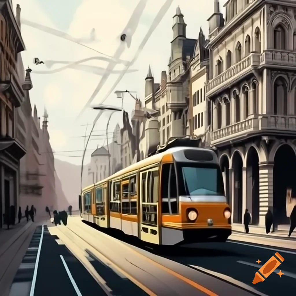 Retro-futuristic trams with chrome in elegant Brussels, showcasing ...