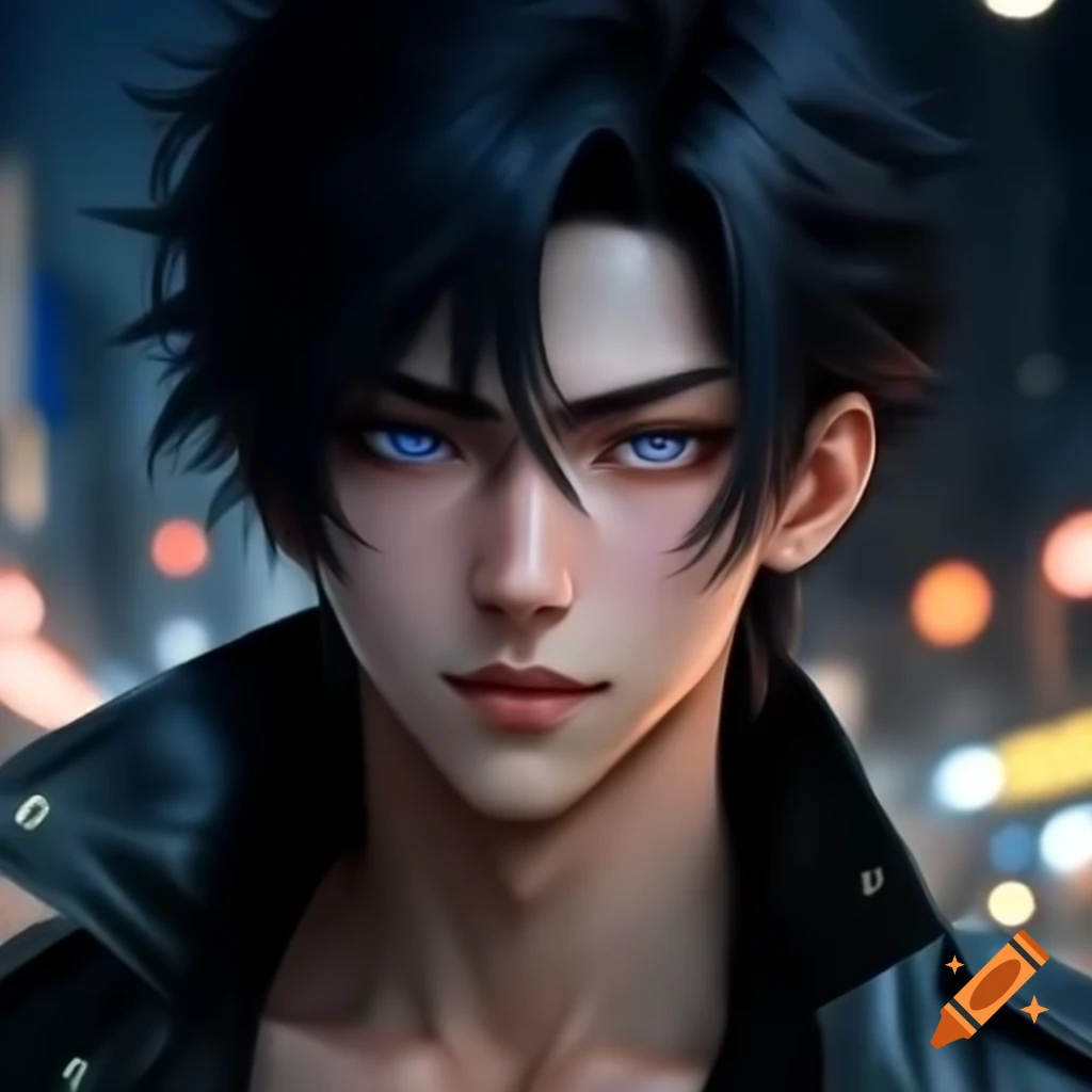 Detailed anime character with messy black hair and brooding expression ...