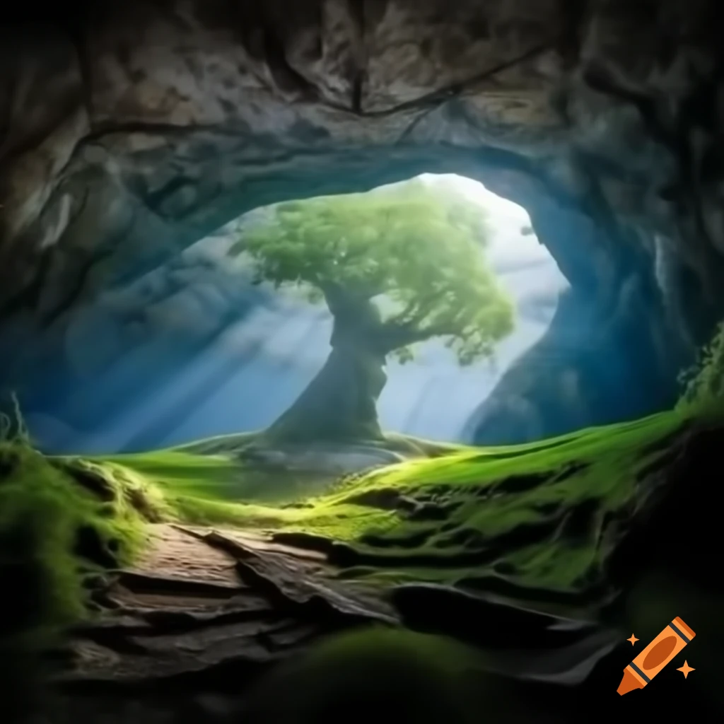 Hidden grotto at the base of ancient tree, mysterious and shadowy on ...