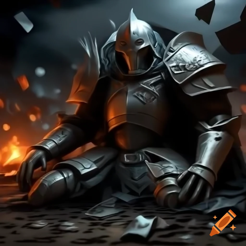 Shattered fragments of obsidian armor on desolate battlefield ...