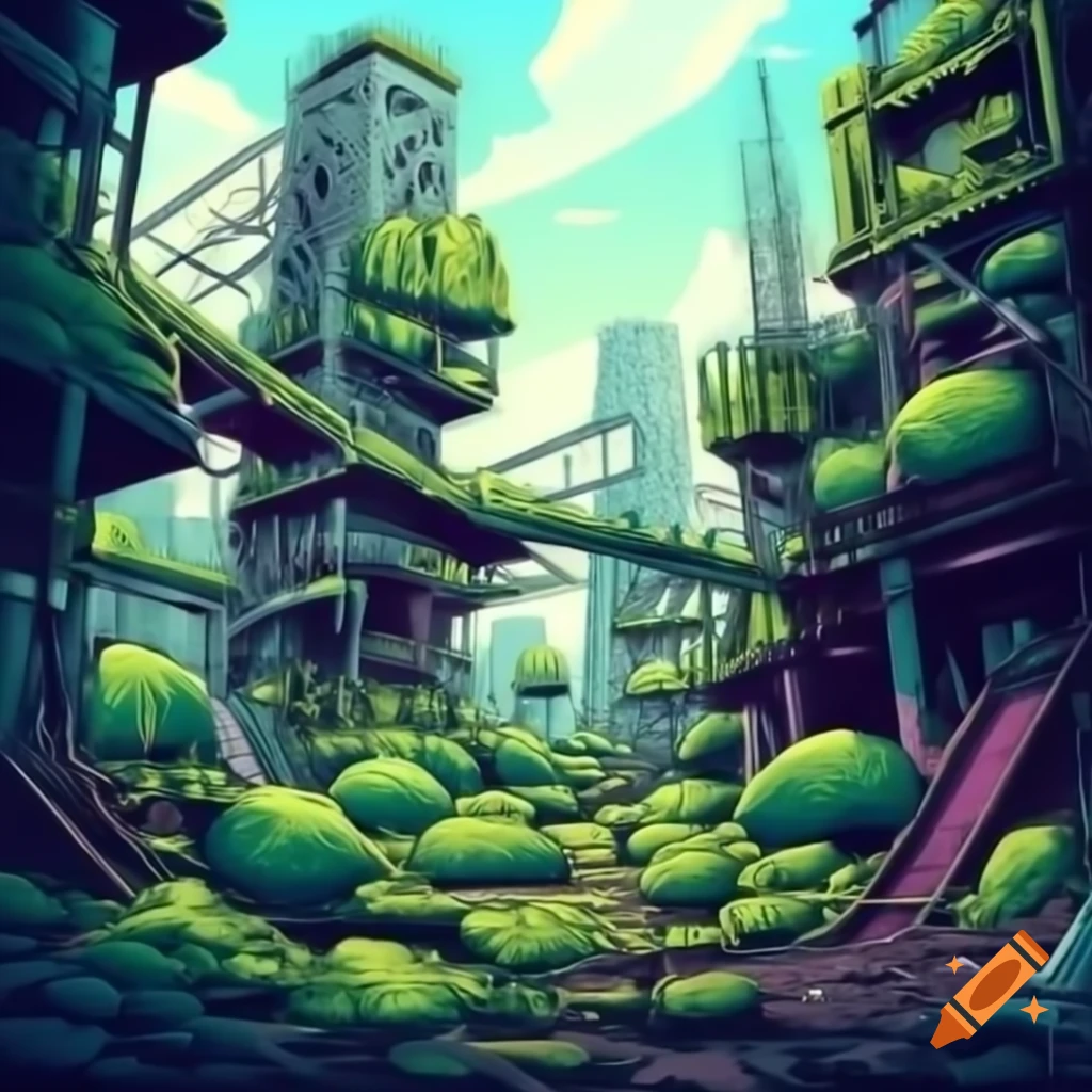 Nature overtaking retro-punk cityscape with vibrant creepers and lush ...