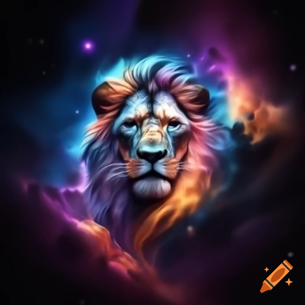 Regal cosmic lion with galaxy mane gazing at vibrant nebula on Craiyon