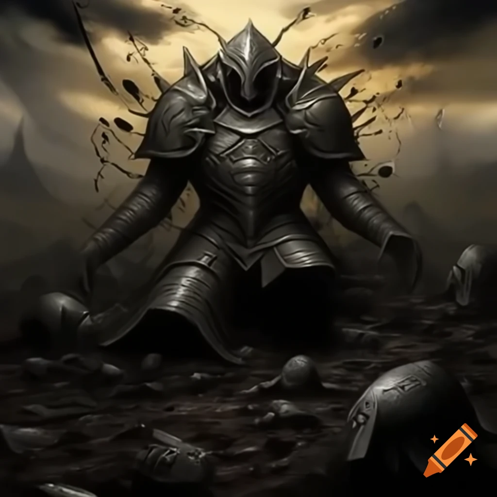 Shattered fragments of obsidian armor on desolate battlefield ...