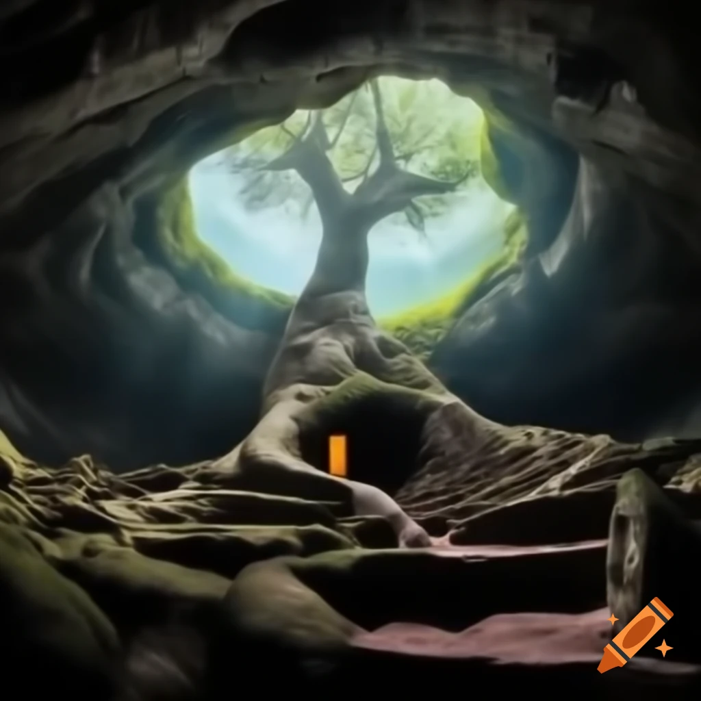 Hidden grotto at the base of ancient tree, mysterious and shadowy on ...