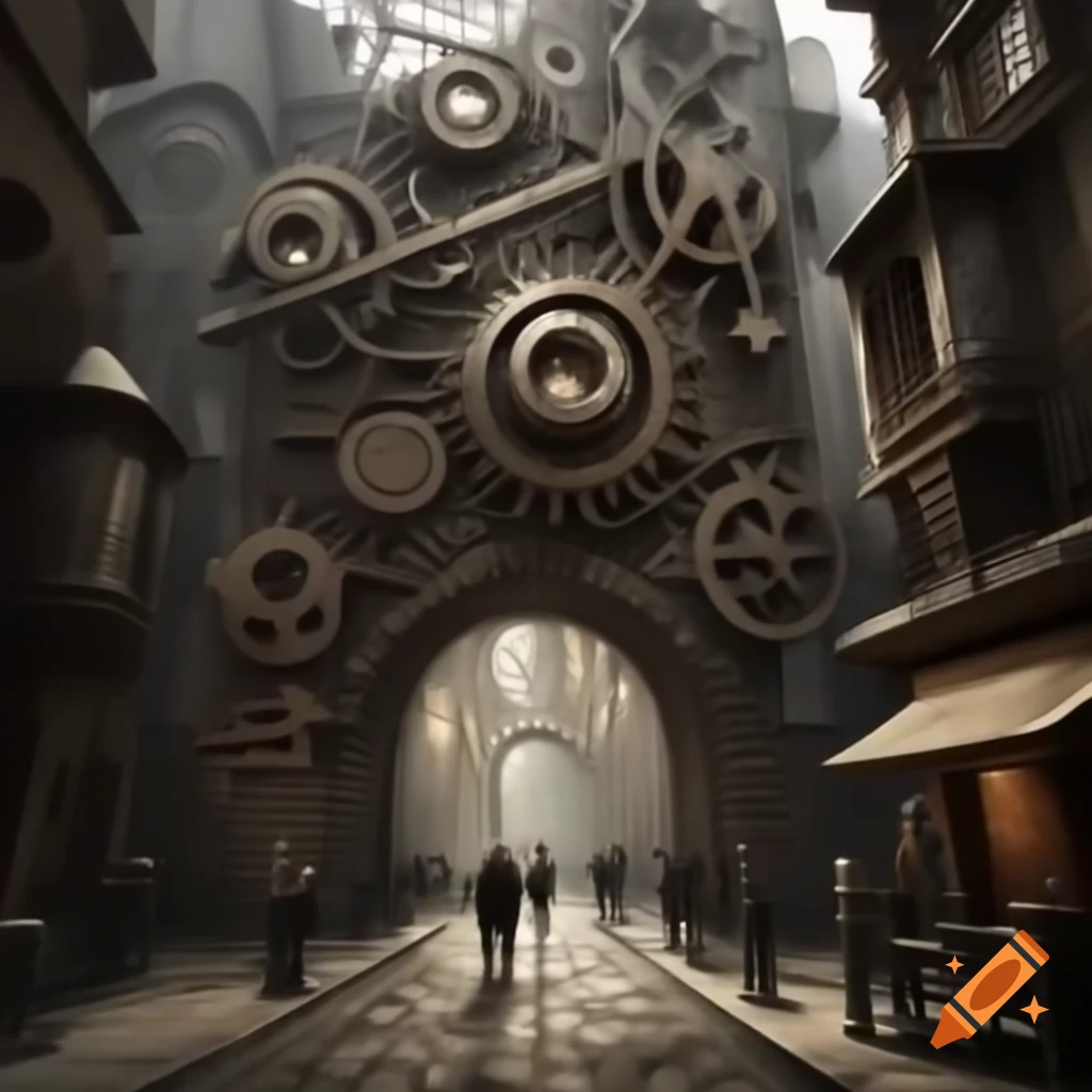 Steampunk district with cobblestone streets and detailed gateway ...