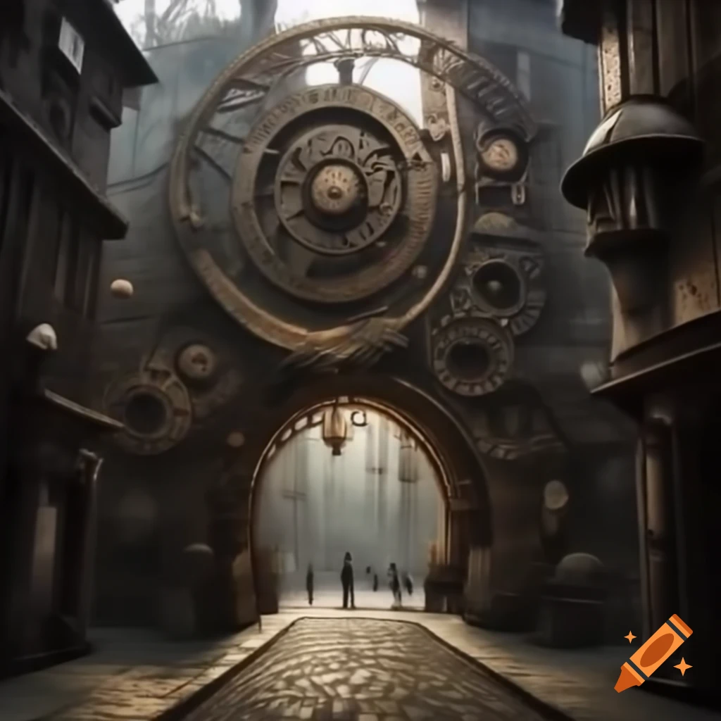 Steampunk district with cobblestone streets and detailed gateway ...
