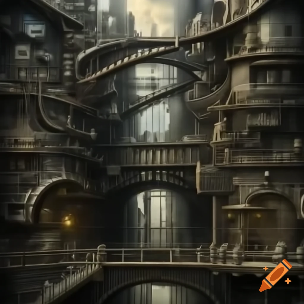 Steampunk city with complex mechanisms, cogs, bridge, and tall ...
