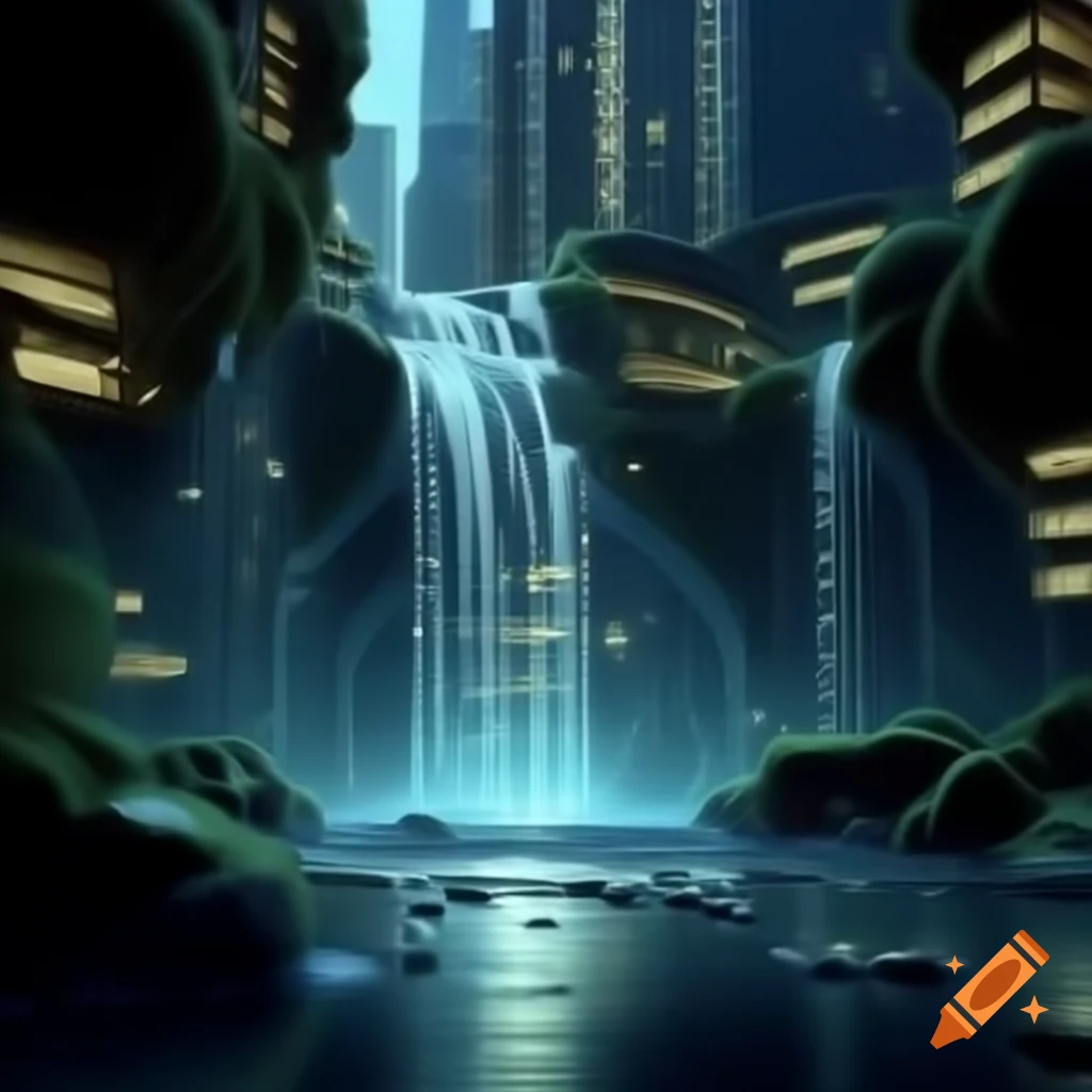 Cascading binary code waterfall illuminating cityscape with digital ...