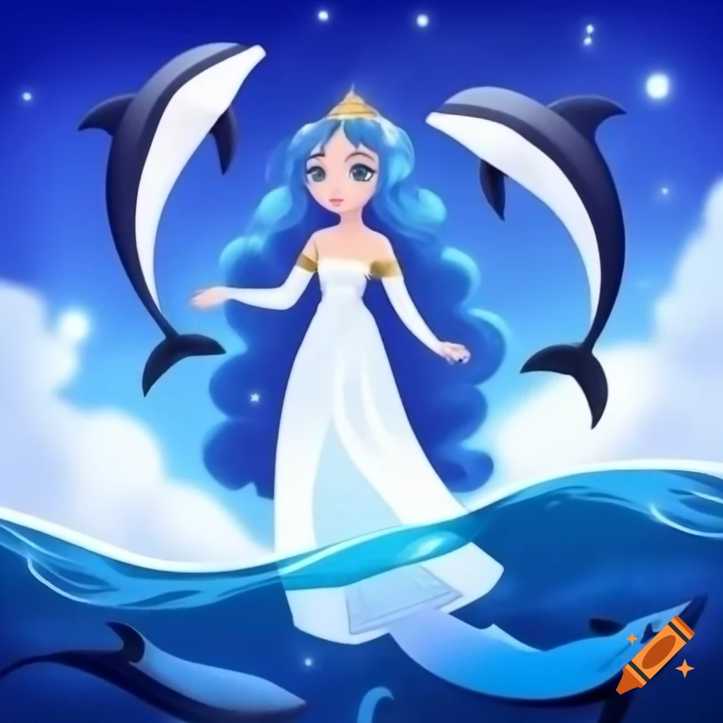 Regal dolphin princess with blue hair in shimmering gown beneath starry ...
