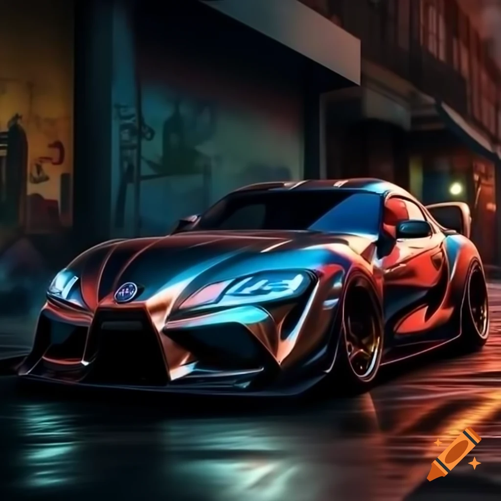 Toyota Supra sports car parked on city street at dusk with neon glow on ...