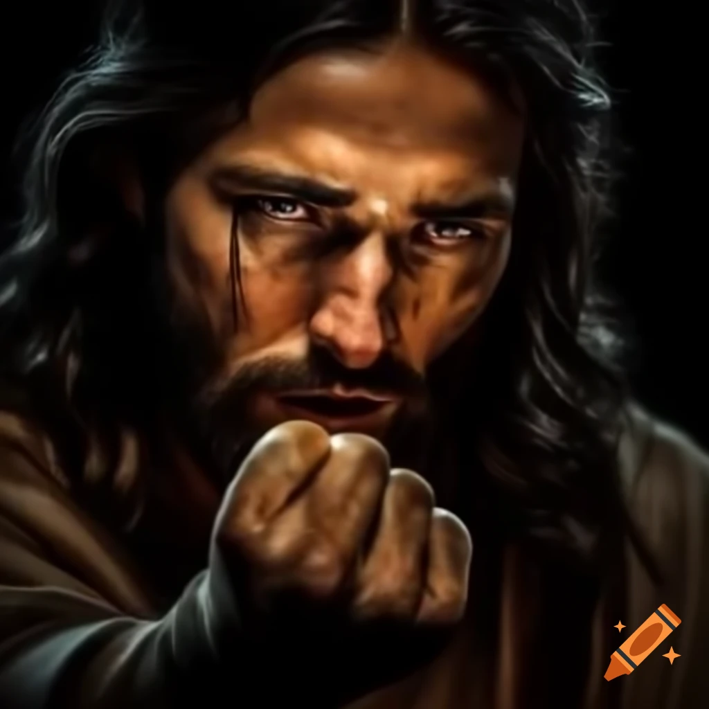 Dramatic rear view of Jesus with clenched fist, symbolizing strength ...