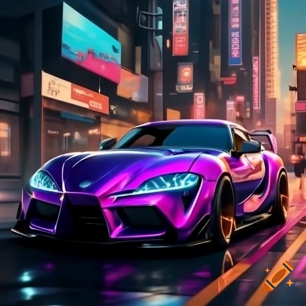 Toyota Supra sports car on neon-lit street in futuristic city at sunset ...