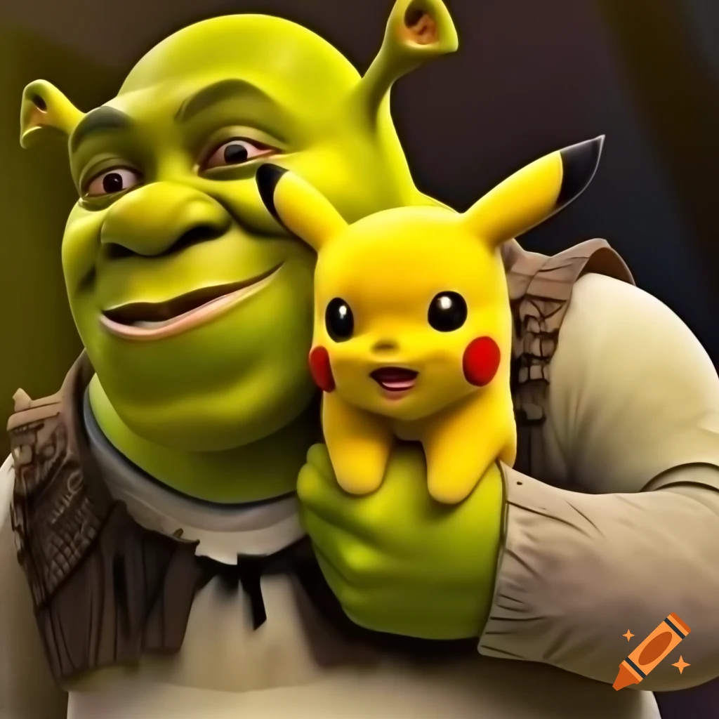 Pikachu on shrek's shoulder, showcasing a fun friendship between iconic ...