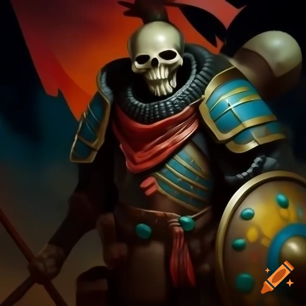 Skeletal warrior in bronze armor with engravings inspired by fantasy ...