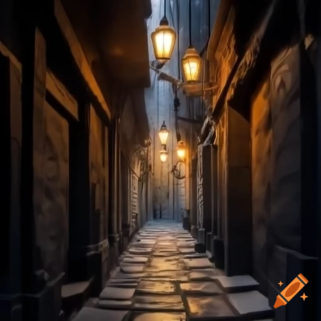 Shadowy alleyway illuminated by gaslights highlighting intricate stone ...