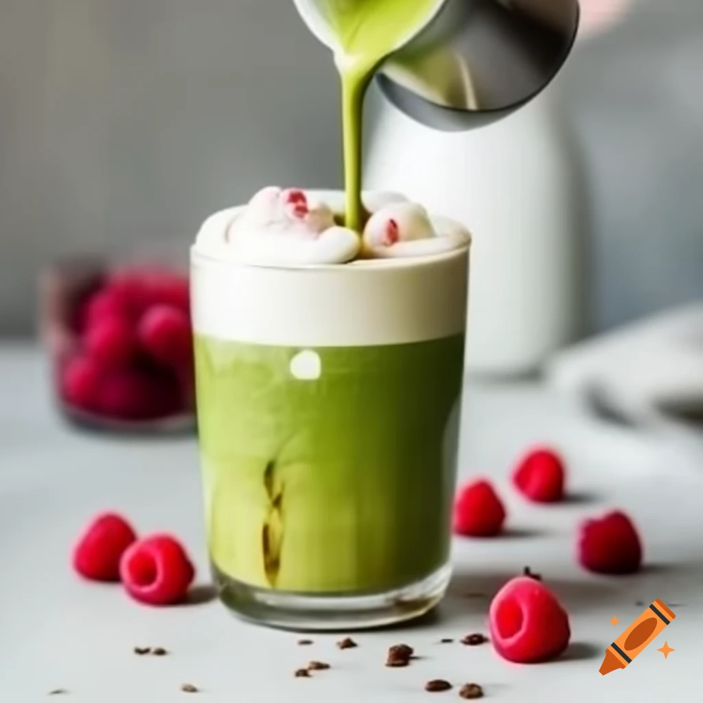 Matcha latte topped with coconut and raspberry on Craiyon