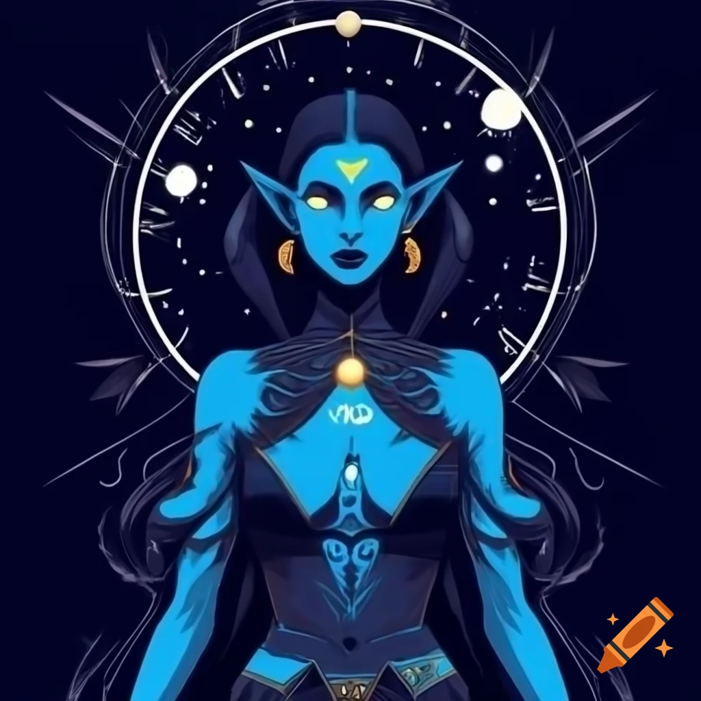 Mysterious sorceress with indigo skin and tattoo, featuring gleaming eyes on Craiyon