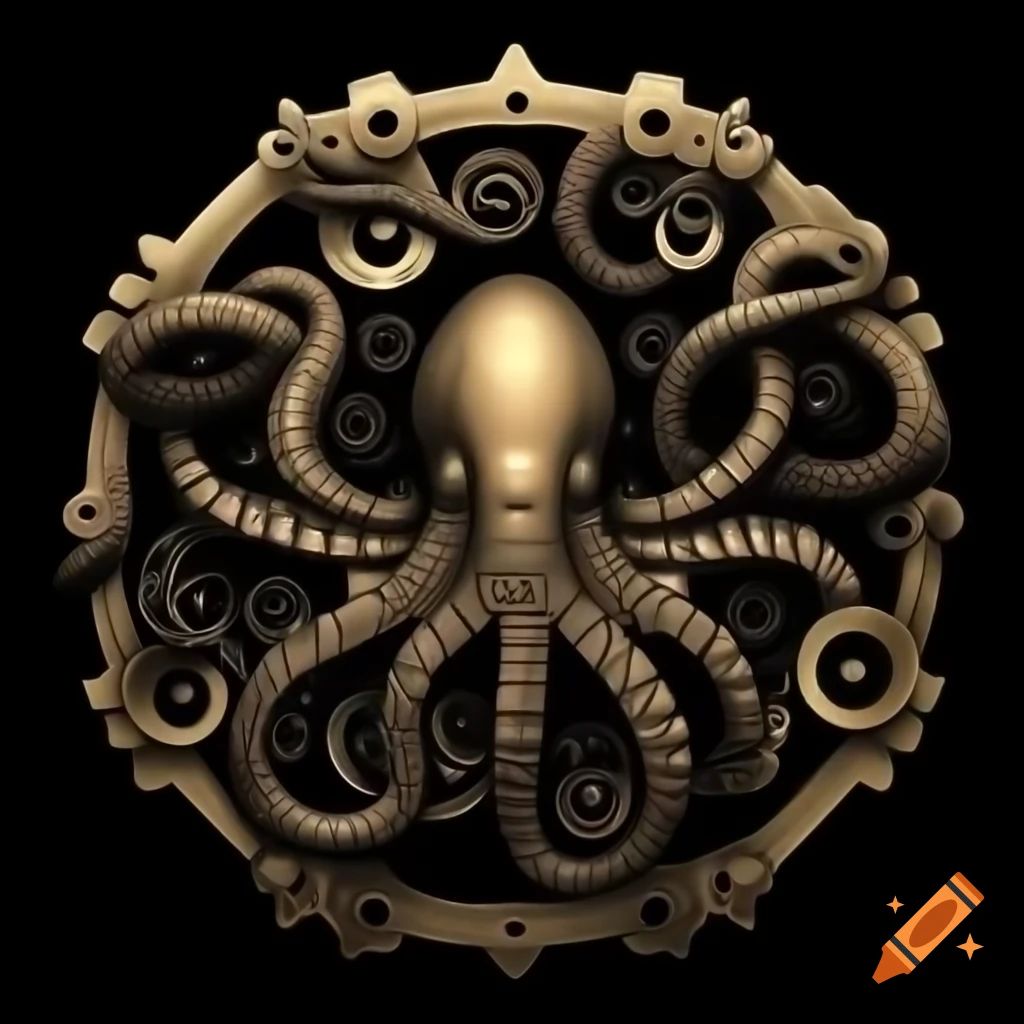 Colossal mechanical octopus with brass and gears rising from depths on ...