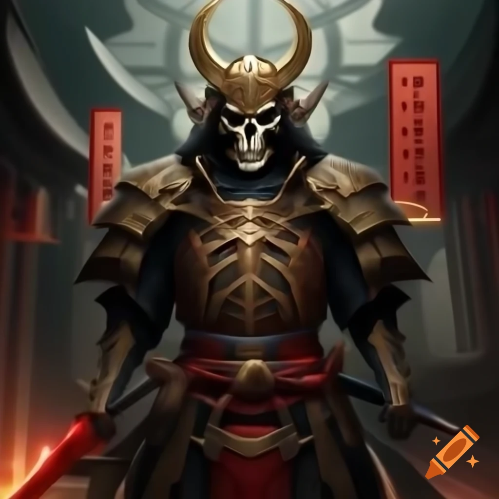 Skeletal warrior in heavily armored shogun suit with gold and crimson ...