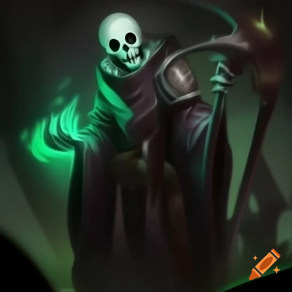 Spectral skeleton in translucent robes with eerie green glow from ...